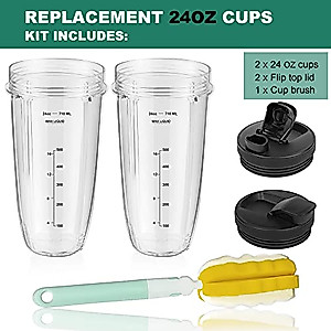 2Pack 24OZ Cups for Ninja Blender with Lid and Cup Brush for Ninja Auto iQ BL450 BL454 BL456 BL480 BL482 BL640 BL642 BL682 BN751 BN801