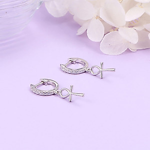 S925 Sterling Silver Ankh Cross Huggie Hoop Dangle Drop Earrings for Women Men Jewelry