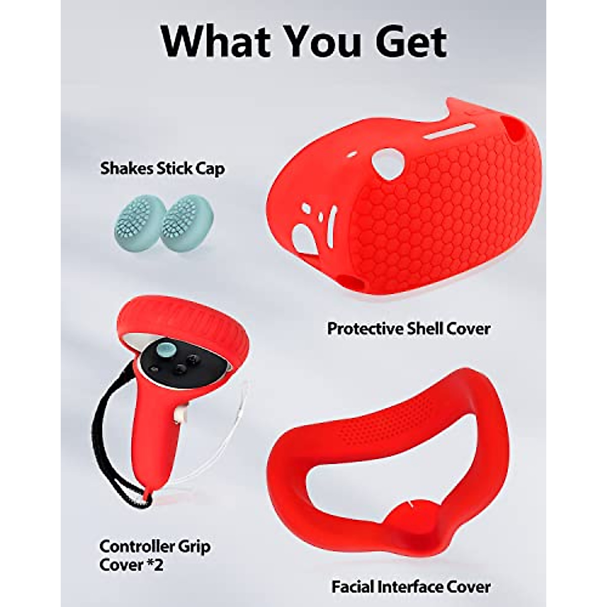 Hanpusen 4-in-1 Silicone Cover Set for Oculus Quest 2 Accessories, Controller Grips Cover, Anti-Fogging VR Face Cover,VR Headset Shell Protective Cover, Shakes Stick Caps Red
