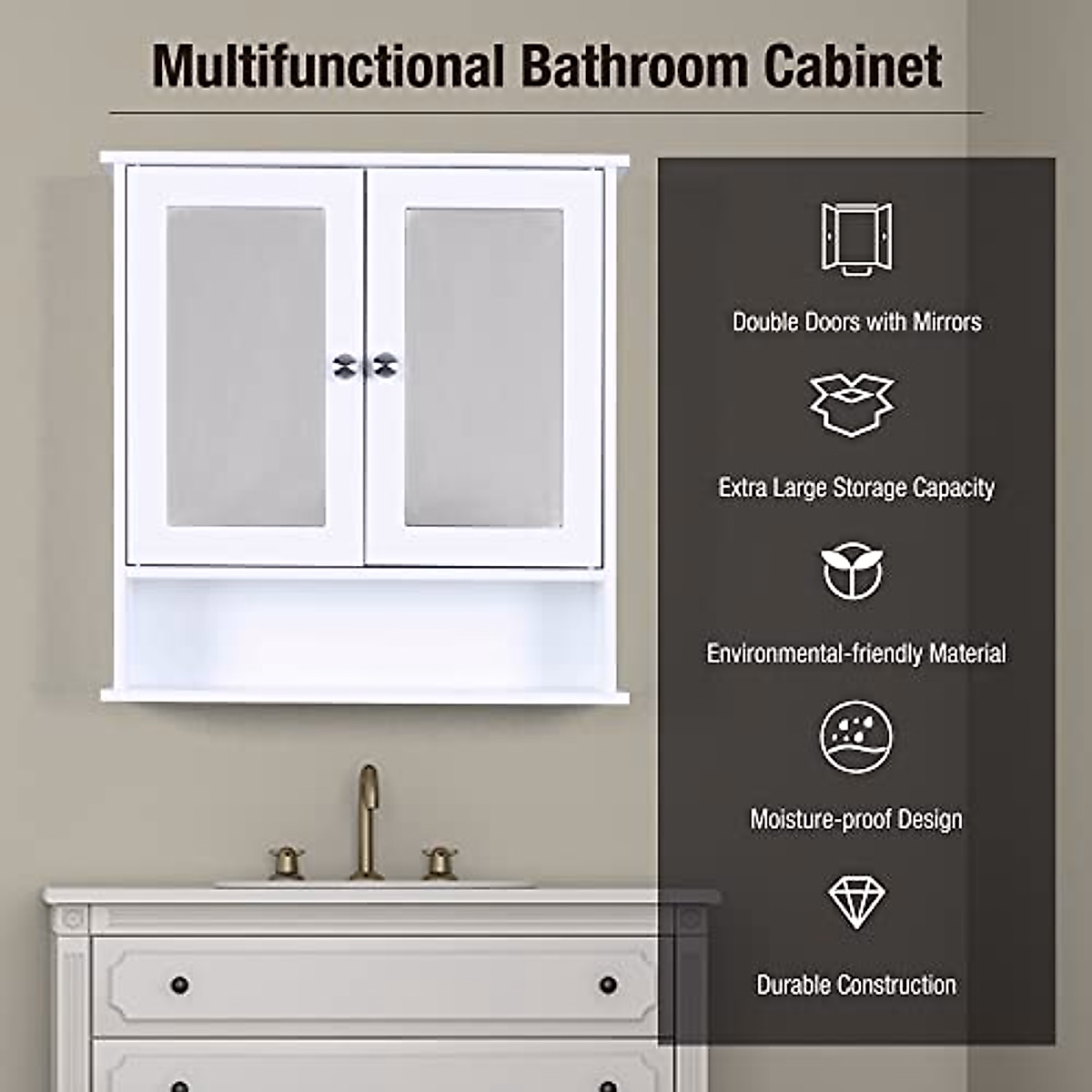 HERA'S PALACE Bathroom Wall Cabinet with Mirror, Medicine Cabinets for Bathroom with Adjustable Shelves, Double Doors Bathroom Cabinet Wall Mounted for Kitchen, Living Room and Laundry Room