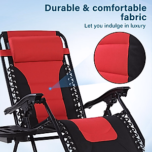 MFSTUDIO Padded Zero Gravity Recliner Chair Set of 2, Folding Patio Lounge Chair w/Adjustable Pillows & Cup Holder for Poolside Backyard, Support 350lbs(Red)