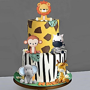 Jungle Safari Animal Cake Topper with Lion Giraffe Monkey Elephant Zebra for Wild Animals Themed Birthday Baby Shower Party Supplies (STYLE 1)