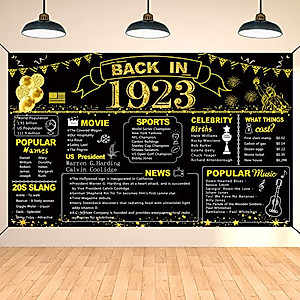 DARUNAXY 100th Birthday Black Gold Party Decoration, Back in 1923 Banner 100 Year Old Birthday Party Poster Supplies, 6x3.6ft Large Vintage 1923 Backdrop Photography Background for Men and Women