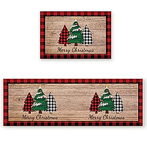 Arts Print Kitchen Rug Mat Set of 2,Merry Christmas Buffalo Plaid Pine Tree Wooden Board Runner Rug,Non-Slip Durable Kitchen Floor Mat for Sink,15.7x23.6Inch+15.7x47.2Inch