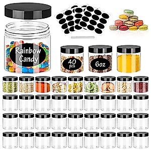 6OZ Plastic Jars with Black Lids 40Pcs Empty Plastic Pot Jars Round Refillable Clear Slime Containers Jars Airtight Plastic Storage Jars for Travel Storage Home Kitchen Food Slime Making
