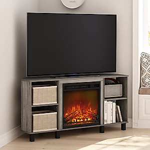 Furinno Jensen Corner Fireplace TV Stand with 4 Open Compartments for TV up to 55 Inches, French Oak Grey
