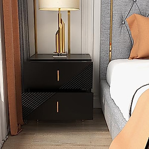kudikt Black Nightstand with Drawer： Large Nightstand with 2 Drawers Wooden Nightstand for Bedroom Nightstands Black with Gold Adjustable Legs