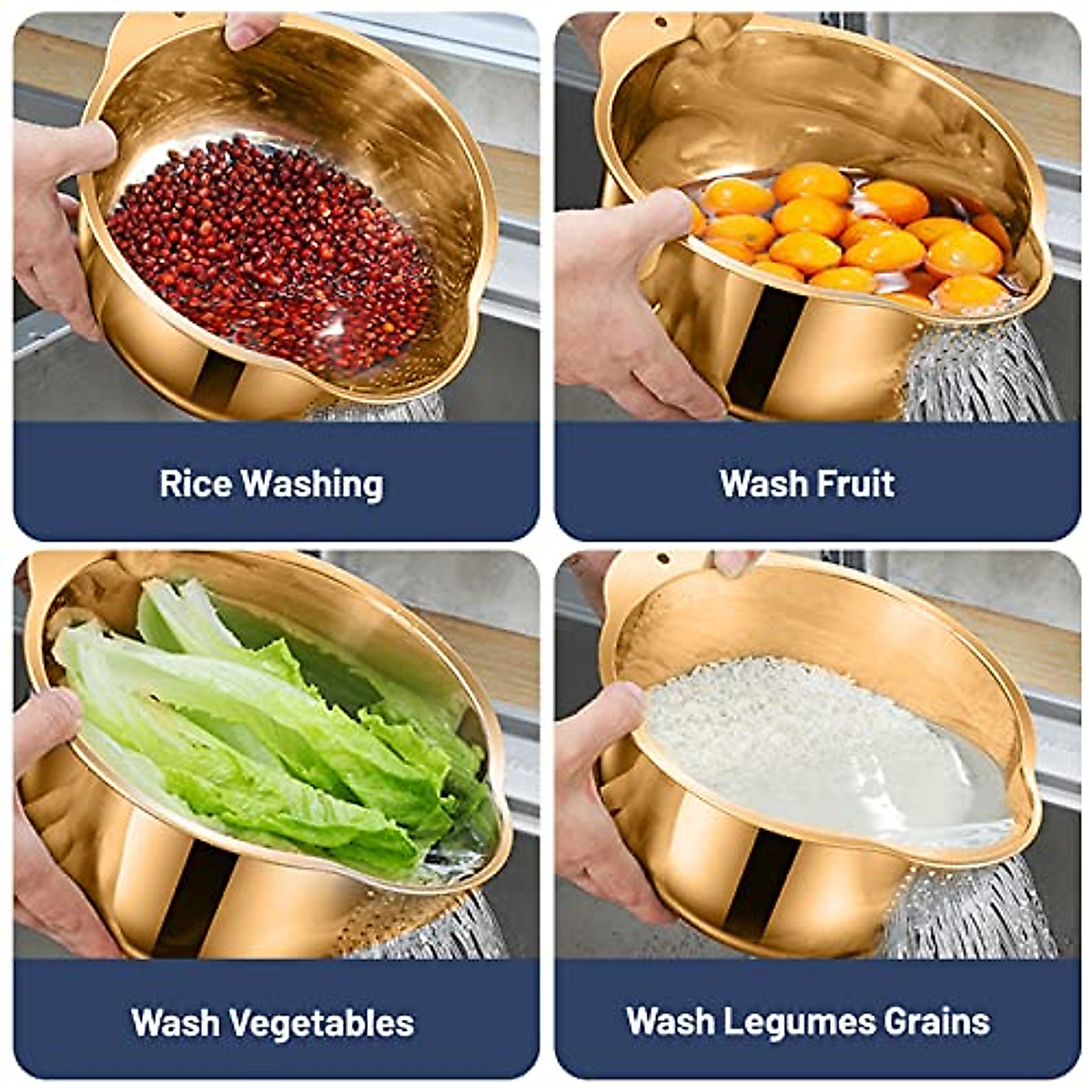 2pcs Multifunctional Drain Basin And Vegetable Washing Basin, Rice Washing Bowl with Strainer, Stainless Steel Side Drainers for Fruits, Vegetables and Beans Versatile Kitchen Tool (Gold)