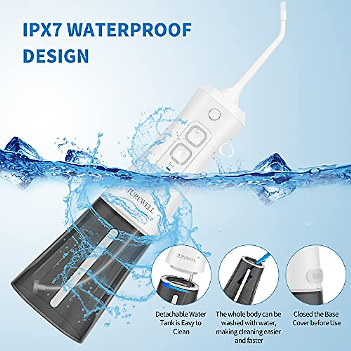 TUREWELL Water Flosser Cordless, Oral Irrigator for Teeth, Portable Waterpick with DIY Mode and 3 Replacement Jets, IPX7 Waterproof Electric Dental Flosser for Travel/Home/Braces (White)