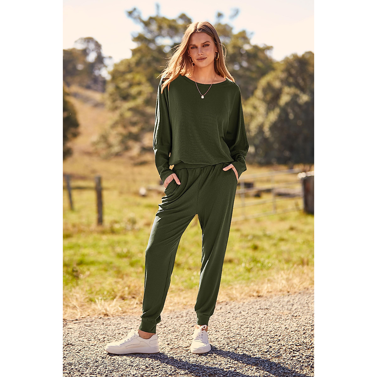 PRETTYGARDEN Women's Spring Fall Fashion Outfits 2 Piece Sweatsuit Long Sleeve Pullover Long Pants Ribbed Matching Lounge Set (Army Green,Large)