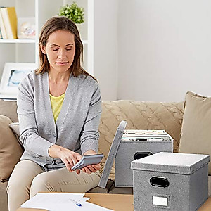 Decorative File Box Organizer Set of 2 - Collapsible Linen File Cabinet for Easy File Folder Storage - Store All Your Documents and File Folders in Style