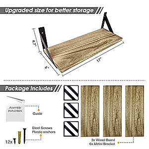 Floating Shelves with Black Metal Brackets Set of 3, Light Wood Wall Bookshelf for Bedroom Over Desk Bed, Hanging Shelf for Office Kitchen Living Room, Bathroom Over Toilet (Natural Color)