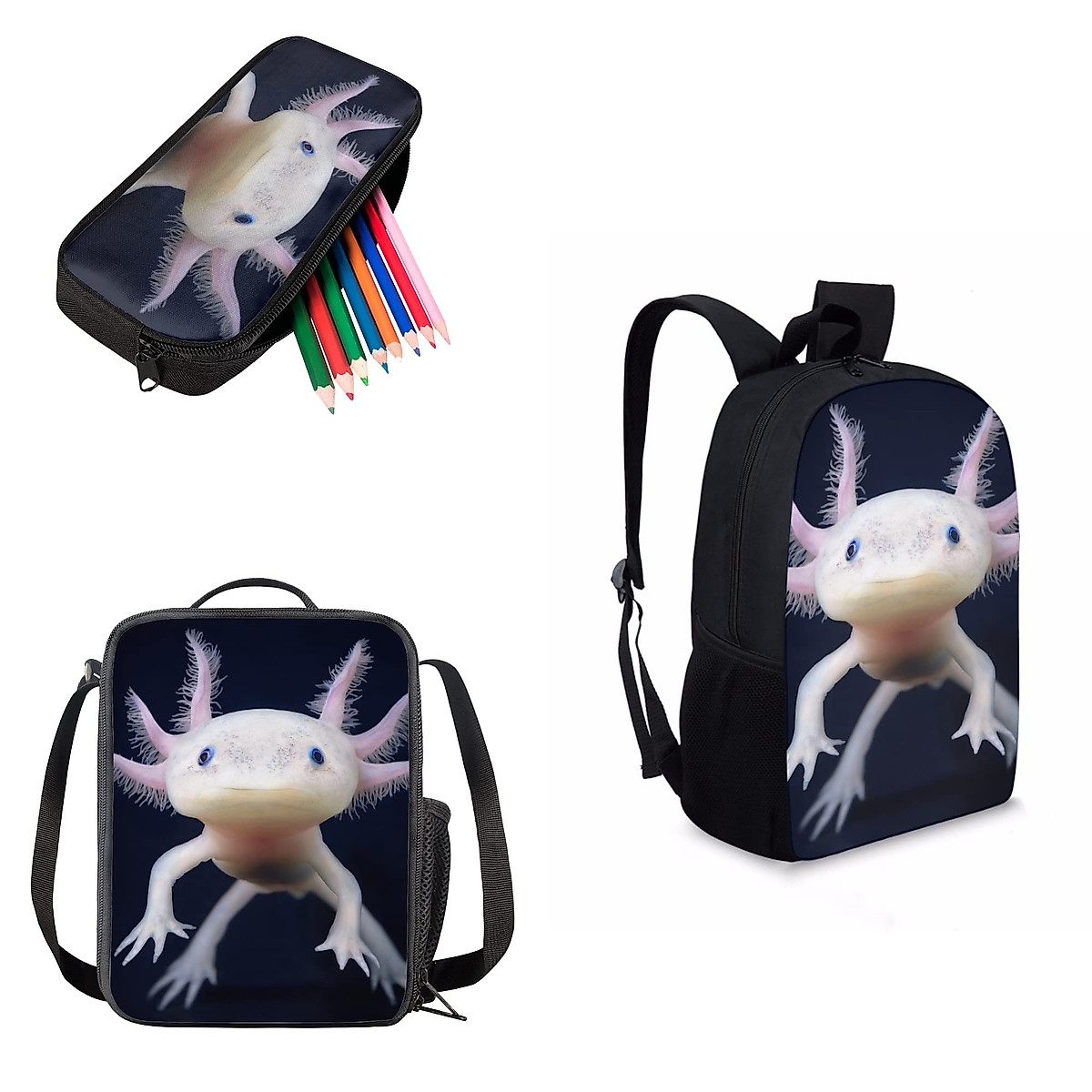 AmzPrint Axolotl Animal Print Bookbag With Lunchbox For Girls American Children Back To School Gift 3pcs Backpack Set