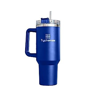Tycheros 40 oz Tumbler with Handle and Straw- Reusable Vacuum Stainless Steel Insulated Water Bottle- Travel Mug that Keeps drink Hot OR Cold for Hours (blue)