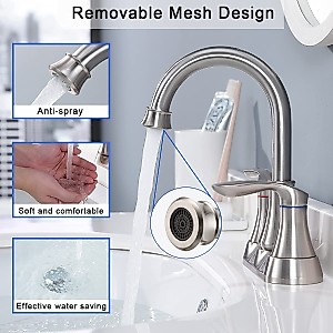 GELE Bathroom Faucet Brushed Nickel with Pop-up Drain & Supply Hoses Two-Handle 360 Degree High Arc Swivel Spout Centerset 4 Inch Vanity Sink Faucet 4011B-NP