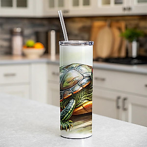 Red Eared Slider Turtle Watercolor Skinny Tumbler 20oz with Straw Insulated Water Bottle Gift