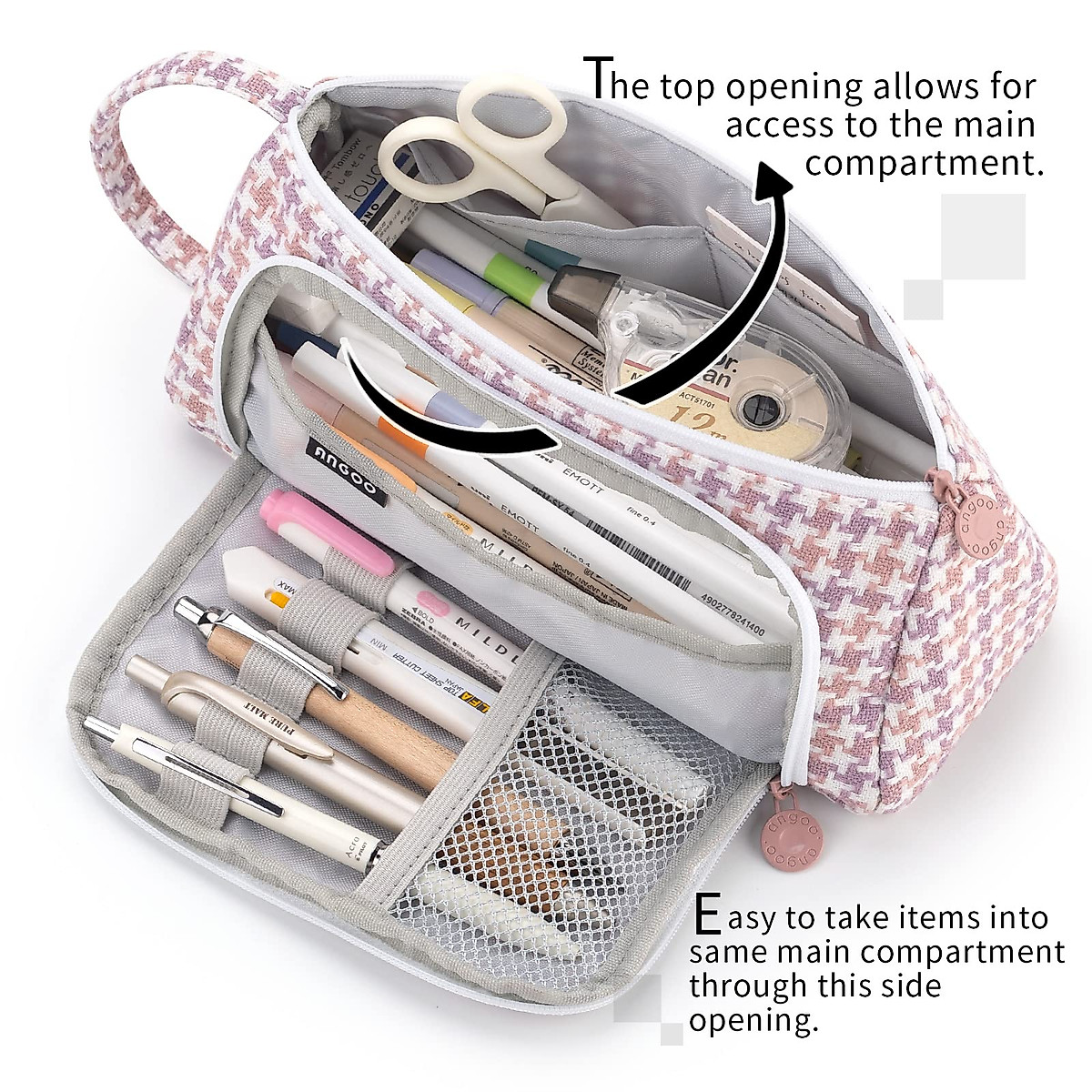 EASTHILL Big Capacity Pencil Case Canvas High Large Storage Pouch Marker Pen Case Simple Stationery Bag School College Office Organizer for Teens Girls Adults Student-Plaid Pink