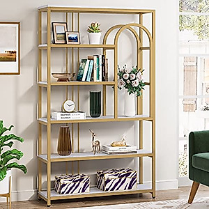 Tribesigns Gold Bookshelf, 6 Shelf Etagere Bookcase, 71 inch Tall Modern Bookshelves Display Shelf Storage Organizer for Living Room Home Office, Gold and White
