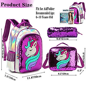 Girls Unicorn Reversible Sequin Backpack Set Magic Glitter Lightweight School Bookbag for Girls Kids Bling Backpack with Lunch Box … Medium