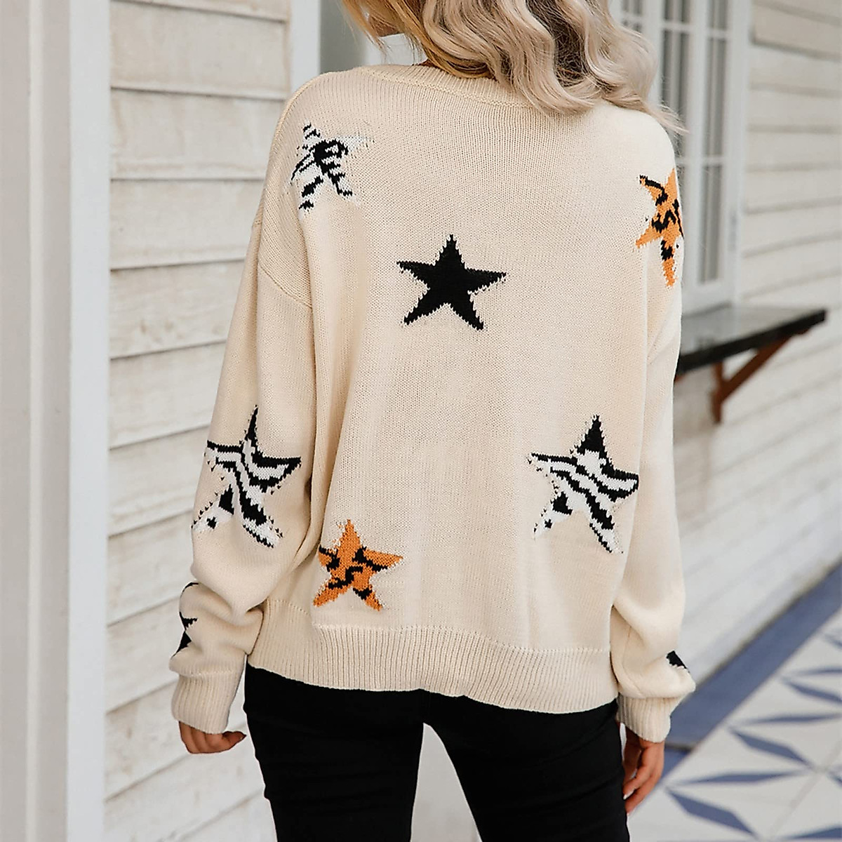 Women's Fall Tops, Chunky Sweater Women Cute Sweaters Long Sleeve Fitted for Ladies Fashion Sweater Roundneck Stars Knit Pullover Sweater Sweatshirts Cream 2022 Cowl Maternity Tops (M, Beige)
