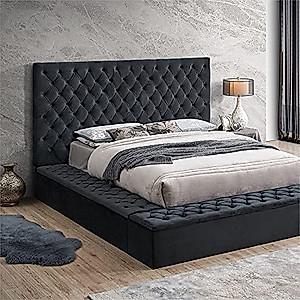 Pemberly Row Contemporary Velvet Upholstered Button Tufted Platform Queen Bed in Black