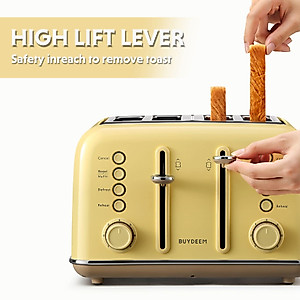 BUYDEEM DT640 4-Slice Toaster, Extra Wide Slots, Retro Stainless Steel with High Lift Lever, Bagel and Muffin Function, Removal Crumb Tray, 7-Shade Settings,Mellow Yellow
