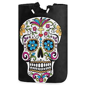 visesunny Sugar Skull Floral Large Laundry Hamper with Handle Foldable Durable Clothes Hamper Laundry Bag Toy Bin for Bathroom, Bedroom, Dorm, Travel