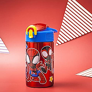 Zak Designs Marvel Spider-Man 18/8 Single Wall Stainless Steel Kids Water Bottle, Flip Straw Locking Spout Cover, Durable Cup for Sports or Travel (15.5oz, Non-BPA, Spidey and His Amazing Friends)