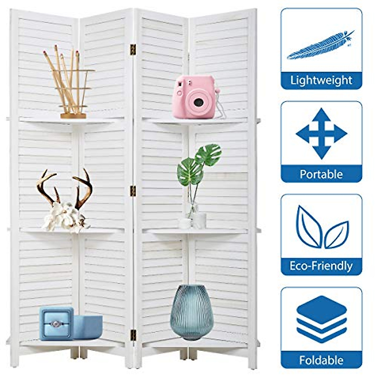 Tyyps 4 Panel 6 Ft Tall Wood Room Divider Folding Portable Privacy Wooden Screen Partition Wall Indoor/Outdoor Folding Screen w/Removable 3 Display Shelves Wooden Partitions for Home Office, White