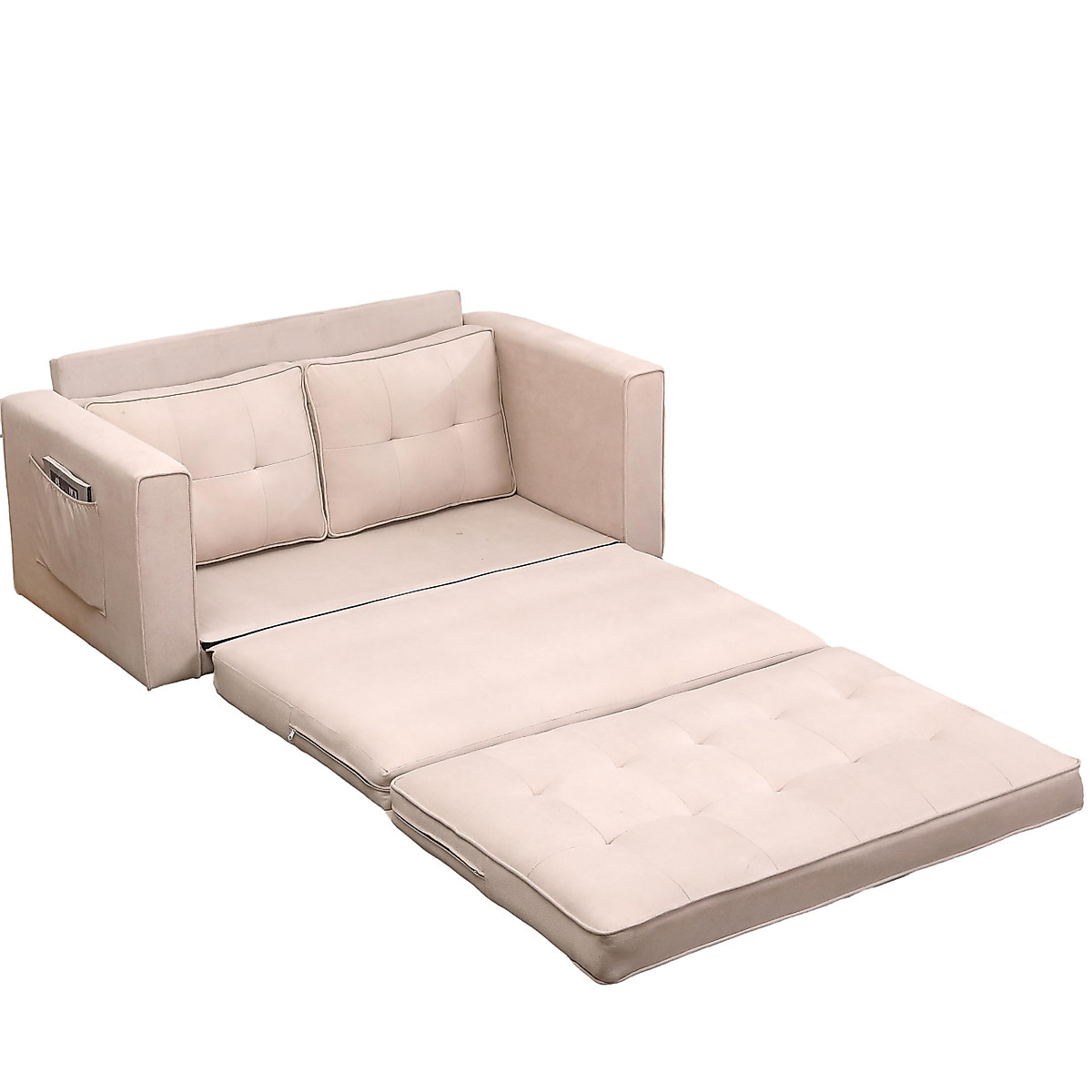 MATONELL 3-in-1 Upholstered Futon Sofa Convertible Floor Sofa Bed,Foldable Tufted Loveseat with Pull Out Sleeper Couch Bed,Folding Mattres Love Seat Daybed W/Side Pockets for Living Room,Beige