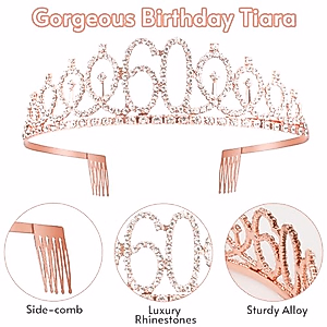 60th Birthday Decorations, Birthday Crown Set Includes Rose Gold Shoulder Strap, Cake Insert Plaque, 60th Font Candle, Kraft Greeting Card, and Simulated Roses Perfect for Women/Girls Birthday Party!