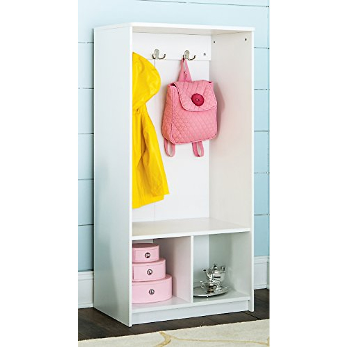 ClosetMaid KidSpace Wood Locker, 2 Cubby Cube Compartments, Open Storage, 3 Hooks, for Coats, Backpacks, Jackets, White Finish, 49-Inch