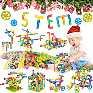 WishaLife 175 Pieces STEM Building Blocks Set, Kids Tube Locks Construction Set with Baseplate, Preschool Educational Pipe Toy Gift for Toddler Aged 3+