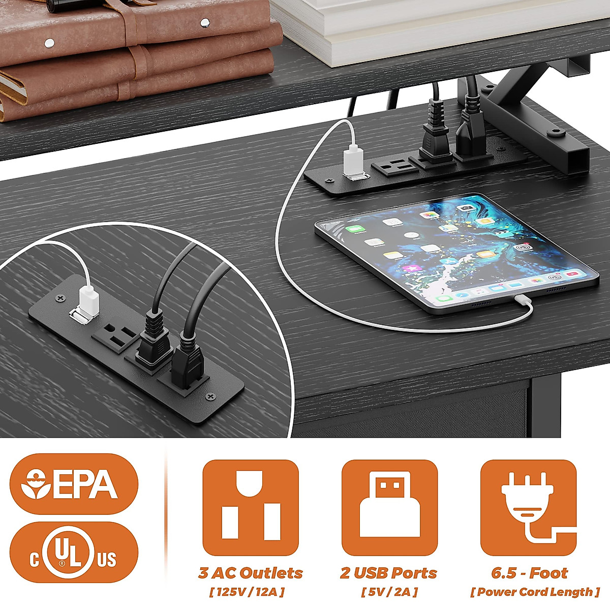 GIKPAL Computer Desk with Drawers, 47 inch Gaming Desk with Storage and Shelves, Home Office Desks with Power Strip, Black Wooden Desk