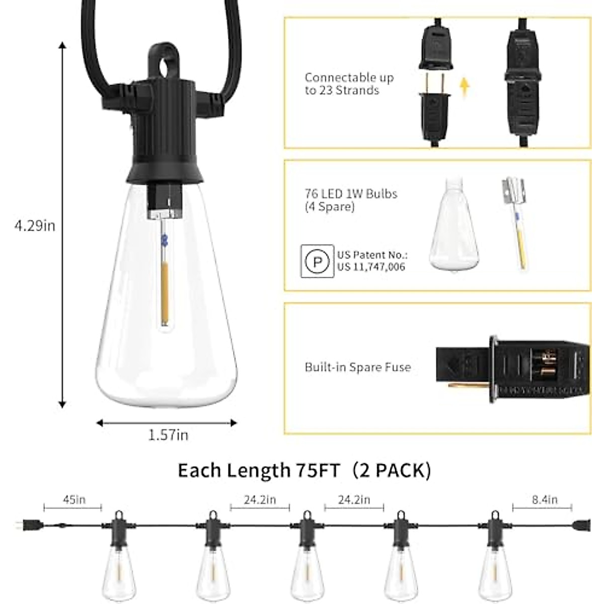 FOOMAN Outdoor String Lights 150ft Shatterproof Dimmable LED Patio Lights Waterproof ST38 Connectable Cafe Lights with 76 Plastic Bulbs for Porch Backyard Garden Bistro(2×75FT)