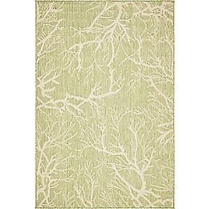 Unique Loom Collection Coastal, Branches, Botanical, Indoor and Outdoor Area Rug, 4 ft x 6 ft, Light Green/Beige