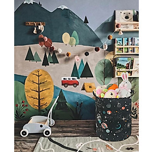 DUYIY Round Black Planet Laundry Hamper Storage Basket Organizer Hamper Storage Bins for Clothes Toys Box Nursery Hamper Gift Basket with Handles