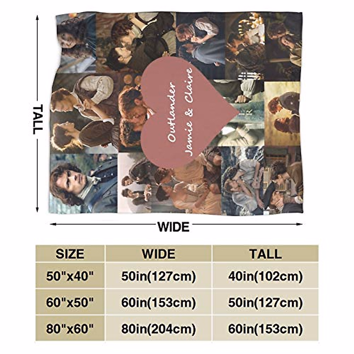 Outlander Jamie Claire Love Collage Blanket Soft Flannel Warm Fuzzy Blanket for Couch Office Picnic Travel Best Friend Memorial Birthday Gifts for Kids Adults Throw Blankets 80"x60" Inch