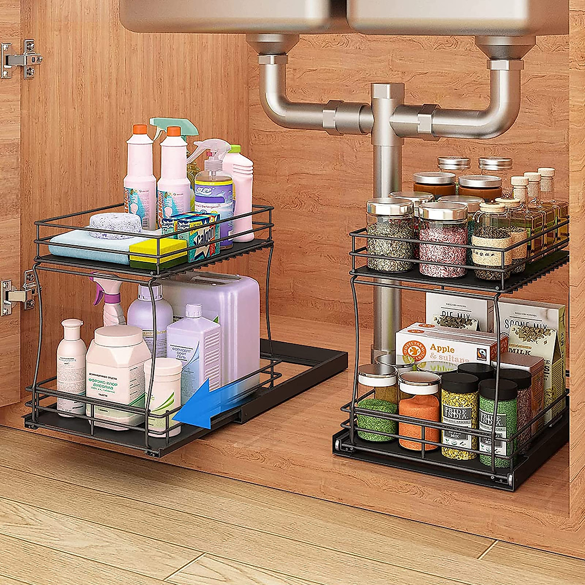 MUUBOOX Under Sink Cabinet Organizer Storage,Pull Out Cabinet Organizer with 2 Tier Pull Out Sliding Shelf with Protective Shelf Liners for Kitchen Bathroom Cabinet 11.6Wx15.8Dx13.3H-Inch (Black)
