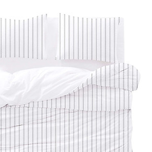 Wake In Cloud - Striped Comforter Set, Ticking Stripe Vertical Pinstripe Neutral Farmhouse Pattern Printed, Soft Lightweight Bedding, 3 Pieces, Gray White, Queen Size