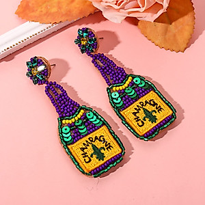 Beaded Champagne Bottle Earrings for Women Handmade Bead Champagne Drop Dangle Earring Statement Earring Studs for Birthday Holiday Parties Gifts (Mardi Gras Color)