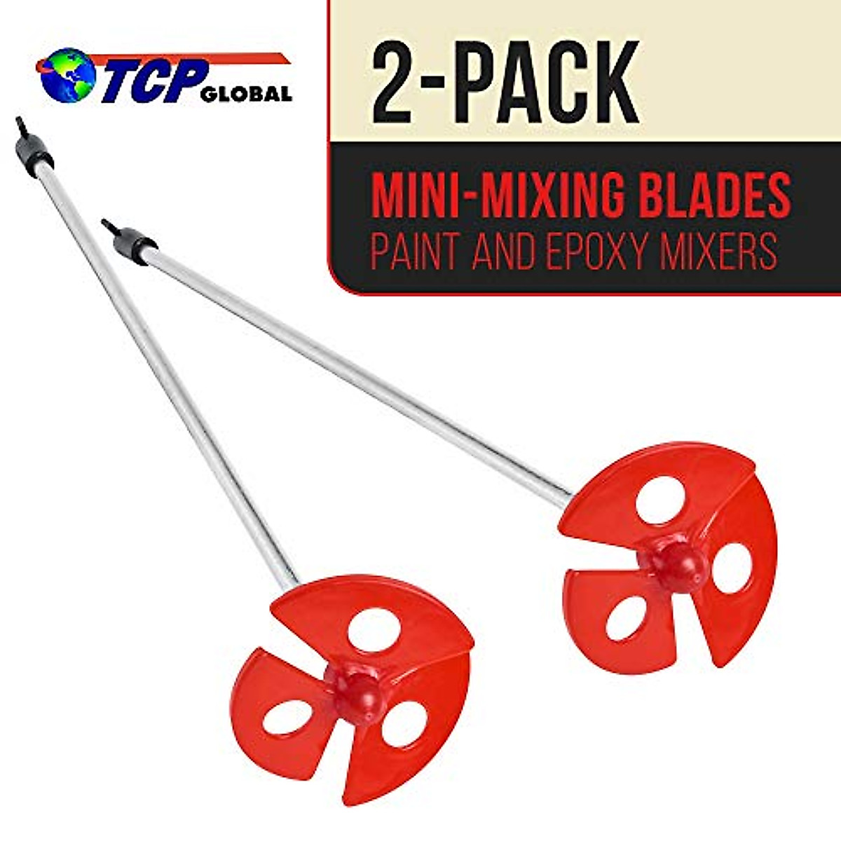 TCP Global Paint, Epoxy Resin, Mud Power Mixer Blade Drill Tool for Mixing Quarts and Gallons (2 Pack) - 10" Long, 1/4" Round Drill Shaft, 2.5" Plastic Paddles - Stirring Cans, Buckets, Pails and Cups