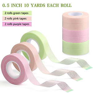 Maitys 6 Roll Lash Tape for Eyelash Extensions with Eyelash Tape Dispenser Cutter Breathable Adhesive Fabric Tape for Eyelash Extension Supplies 0.5 Inch Wide 10 Yard Long (Green, Pink, Purple)