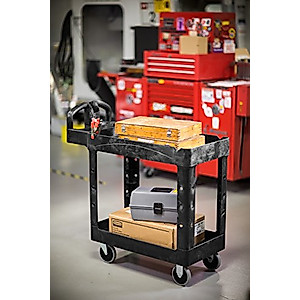 Rubbermaid Commercial Products 2-Shelf Utility/Service Cart, Small, Lipped Shelves, Ergonomic Handle, 500 lbs. Capacity, for Warehouse/Garage/Cleaning/Manufacturing (FG450088BLA)