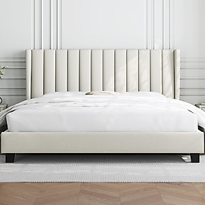 Yaheetech King Bed Frame Upholstered Platform Bed with Fabric Headboard, Wing Edge Design/Non-Slip and Noise-Free/Wooden Slats Support/No Box Spring Needed/Easy Assembly, Beige King Bed
