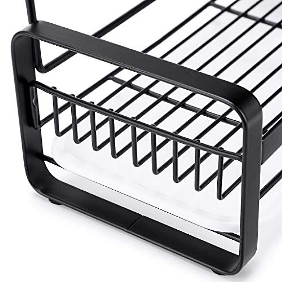 JUXYES Stainless Steel Sponge Holder with Dishcloth Drying Rack, Kitchen Sink Organizer Caddy Tray Sponge Brush Soap Holder with Removable Drain Tray for Kitchen (L, Black)