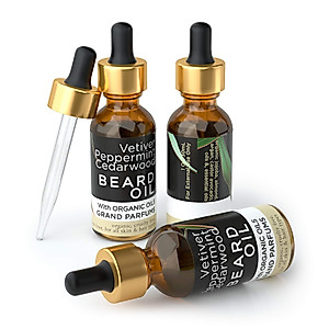 Grand Parfums MEN'S Beard Oil 100% Organic Pure Natural Conditioning Oil Infused w/Vetiver, Peppermint and Cedarwood Essential Oils, Argan, Almond, Jojoba & Castor Oils – Softer, Stronger & Groomed