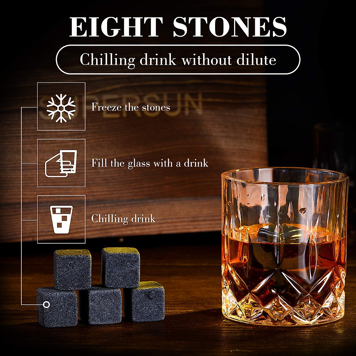 Whiskey Glasses Stones Gifts Set for Men, Pack of 2, 10 oz Scotch Bourbon Glasses, 8 Chilling Rocks and Wooden Box for Him, Boyfriend, Dad, Husband, Father, Groomsmen, Birthday, Anniversary