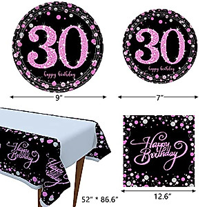 Rainmae 30th Pink Gold Birthday Party Supplies Tableware Set-16 Guests Include Plates Cups Napkins Knives Spoons Forks Table Cloth Banner for 30 Years Old Party Decoration Birthday Wedding Anniversary