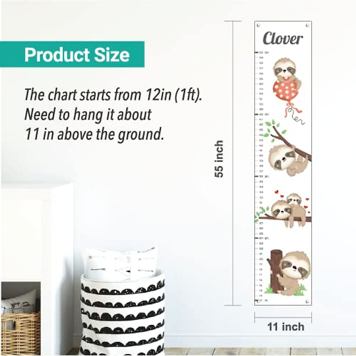 Personalized Kids Canvas Growth Chart, Height Chart, Growth Chart Banner, Sloth Theme
